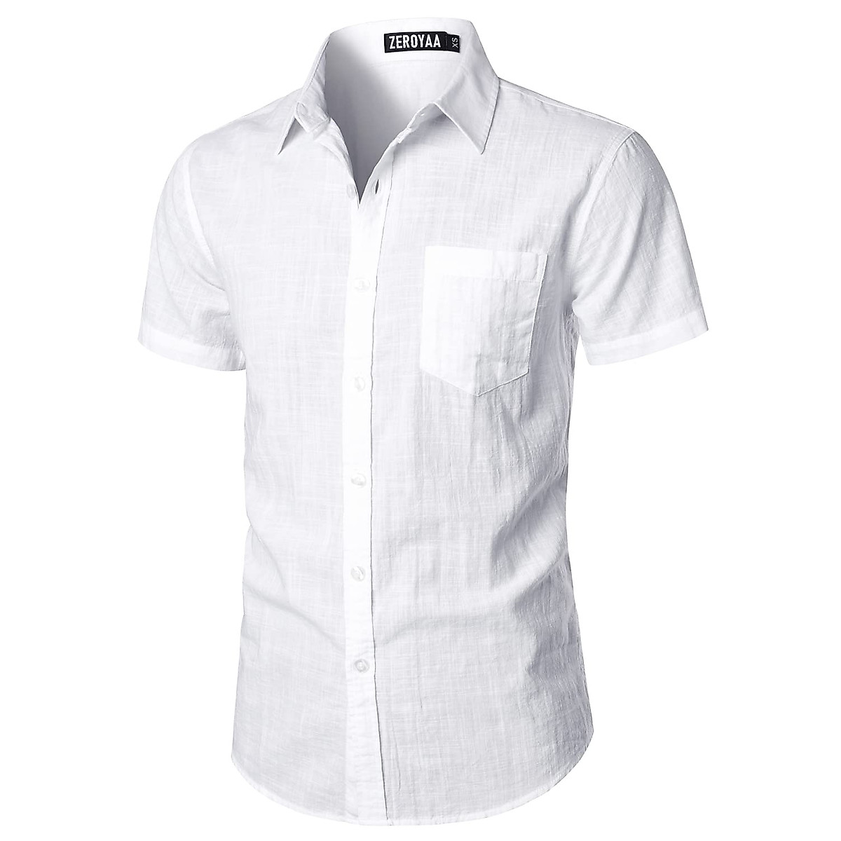 ZEROYAA Men's Fitted Cotton Linen Casual Short Sleeve Button Up Shirts Lightweight Beach Tops with Pocket ZLSC34-White Medium