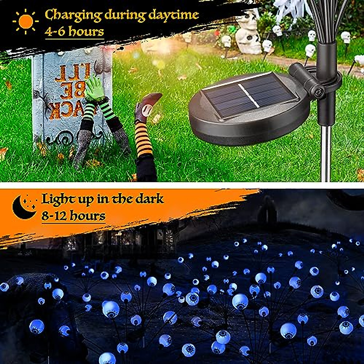 Flumy Outdoor Halloween Decorations, 2-Pack Solar Swaying Garden Lights, Scary Eyeball Solar Landscape Pathway Stake Fairy Lights, 16 LED Waterproof Outdoor Lights for Halloween Party Decor Yard Patio