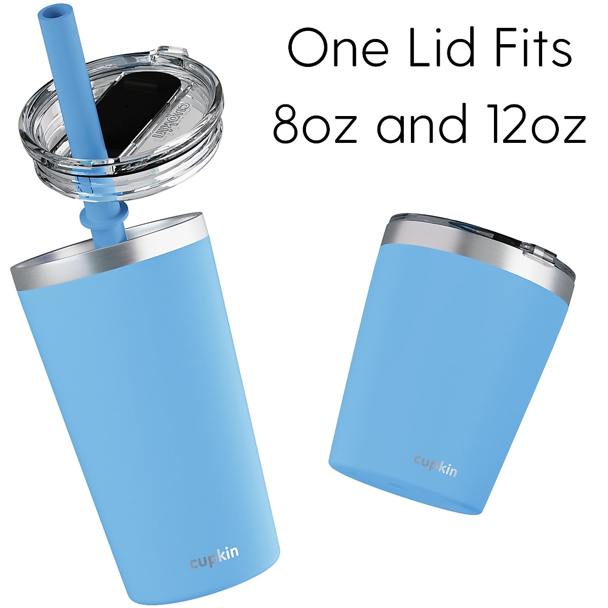 CUPKIN Stackable Stainless Steel Kids Cup Smoothie Tumbler, Powder Coated Insulated Tumblers, BPA Free Lid and Silicone Straw 8 Fl Oz (Pack of 1), Bright Blue