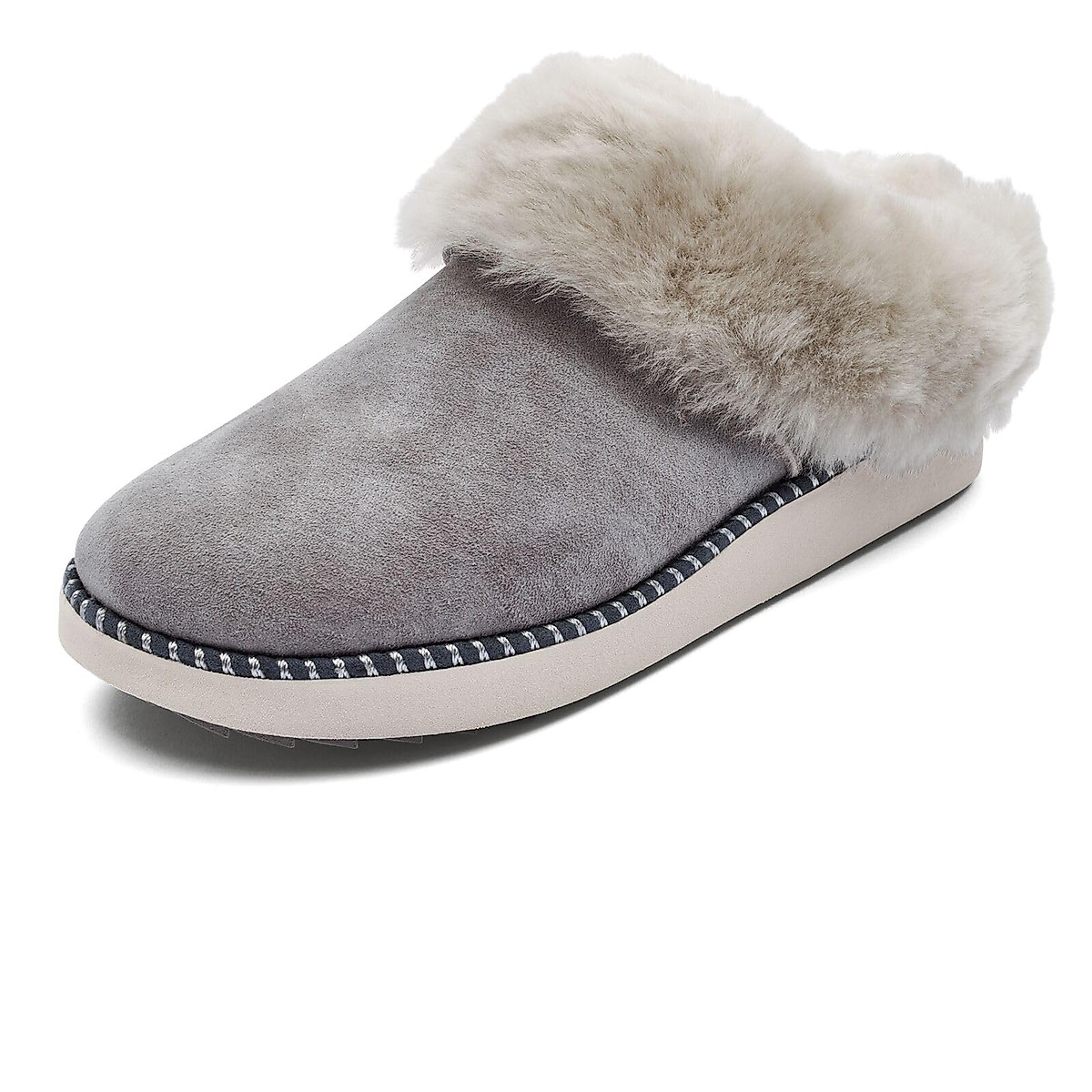 OLUKAI Ku'i Women's Slipper, Soft Full-Grain Leather & Wool Blend Footbed, Wet Grip Soles for Inside & Outside Wear, Cute & Comfortable Slip-On, Fog/Mist Grey, 7