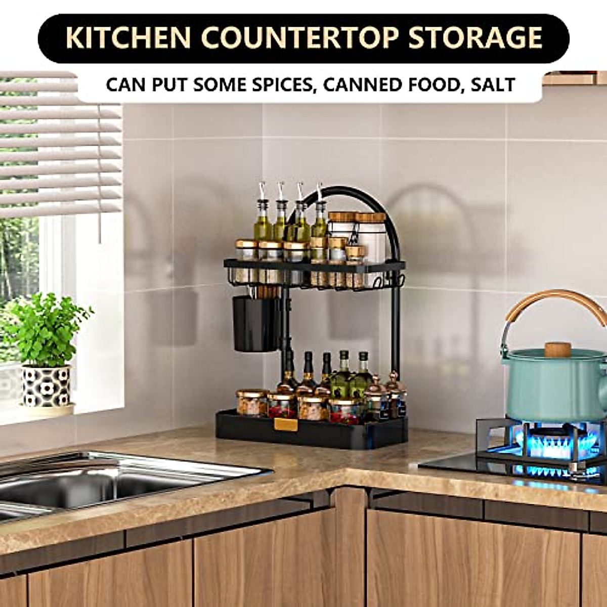 BeesVo 2 Sets of 2-Tier Bathroom Organizer Countertop - Kitchen Spice Rack Organizer, Multi-Purpose Counter Organization and Storage for Bathroom, Kitchen, Bedroom, Offices, Metal Black