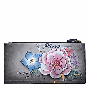 Anna by Anuschka Women's Hand-Painted Genuine Leather Two Fold Clutch Wallet - Vintage Garden Grey