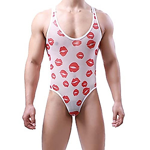 Male Fashion Lips Lipstick Print Sexy Underwear Pant Body Sculpting Waist Bodysuit Beef Kit Men (White, XXL)