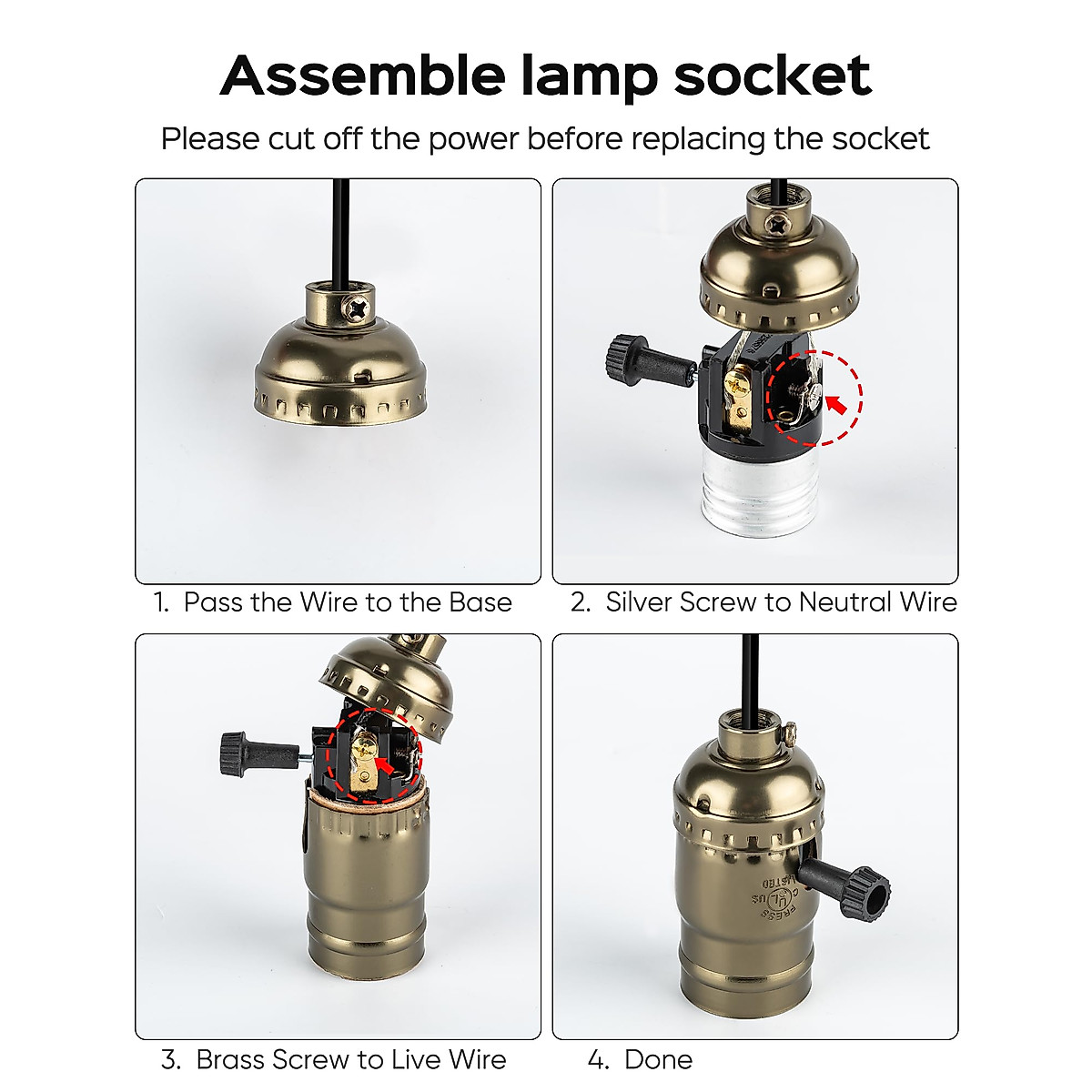 JACKYLED Lamp Socket Replacement, DIY Lamp Wiring Kit, UL Listed, Antique Bronze, Medium Base, Metal, Table Top, 120V AC