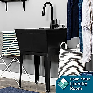 Black Utility Sink with High Arc Black Faucet by VETTA by JS Jackson Supplies, Pull Down Sprayer Spout, Heavy Duty Slop Sink for Washing Room, Basement, Shop, Free Standing Laundry Tub Deep Plastic