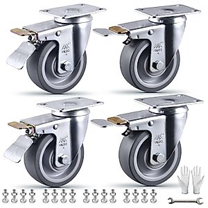 4 Inch Castets Set of 4 Heavy Duty Caster Wheels with Brake 2200Lbs Swivel TPR Rubber Wheel Silent Castor Locking Industrial Plate Casters Wheels for Cart Furniture Workbench, 4 Brake