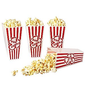 Plastic Popcorn Containers Red & White Striped Retro Style Reusable Popcorn Boxes for Movie Night 4”x8” (4 Pack)