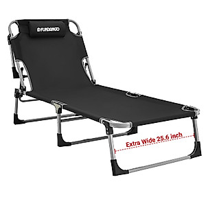 FUNDANGO Outdoor Folding Chaise Lounge Chair with Pillow for Beach, Patio, Pool, Lawn, Sunbathing, 5-Position Adjustable Camping Reclining Chair for Adults, Widened