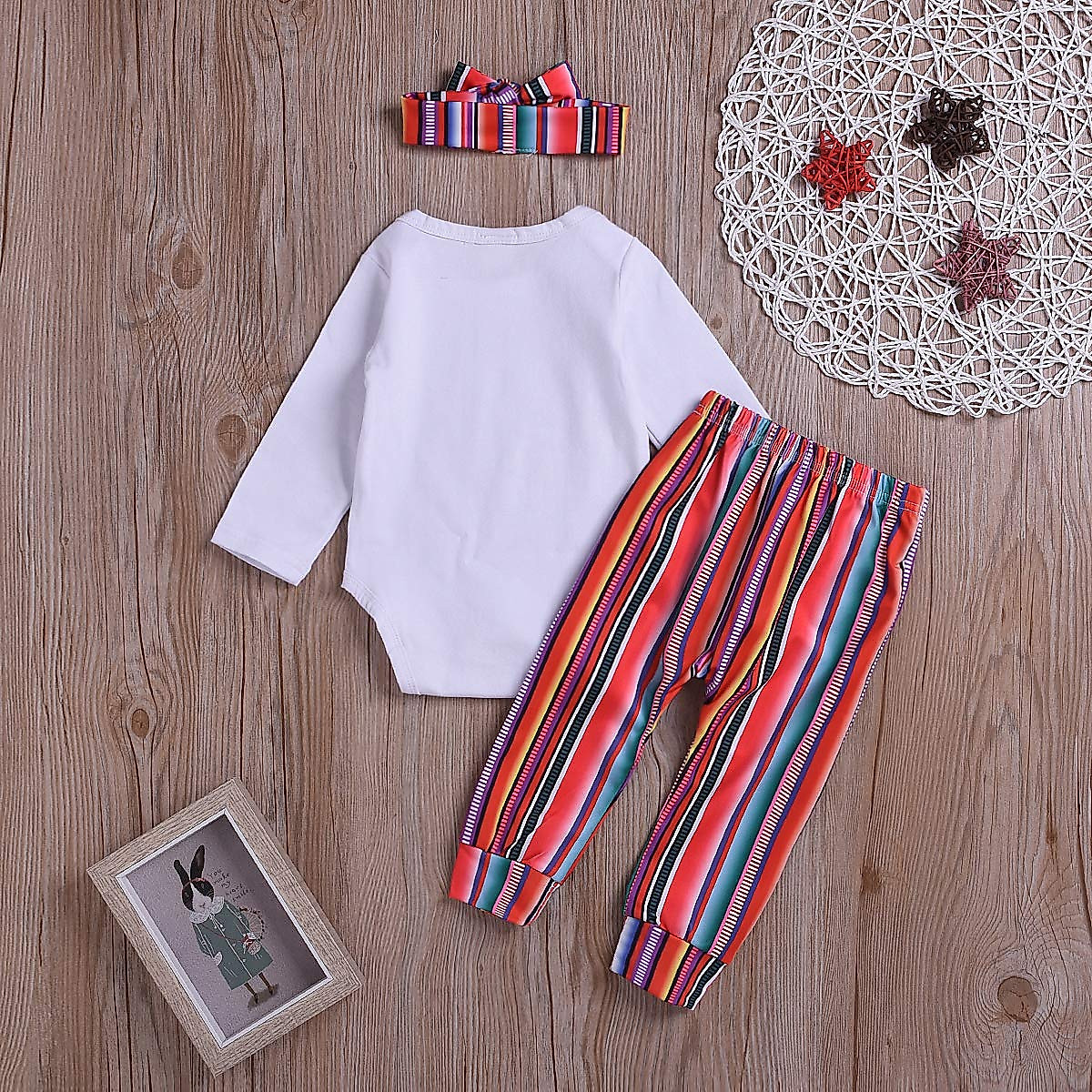 TROSJ 3Pcs Newborn Infant Baby Boy Girl Outfits Long Sleeve Letter Print Romper Tops +Rainbow Striped Pants + Headband Clothes Set (White, 6-12 months)