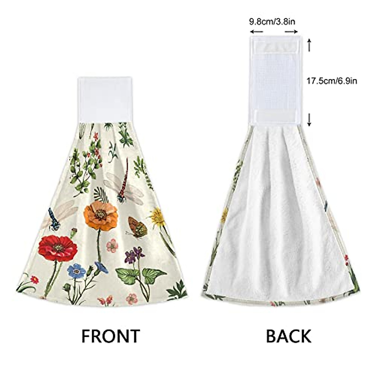 2pcs Spring Flowers Dragonfly Hanging Kitchen Towel Summer Botanical Leaves Floral Hand Towels Soft Coral Velvet Loop Dish Towel for Bathroom Washcloth Absorbent Tie Towel
