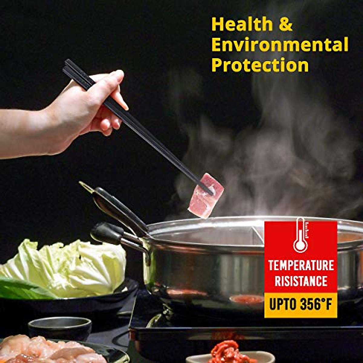 Lourmet 10 Pair Fiberglass Chopsticks – 9.5 Inches Long Reusable Chopsticks Dishwasher Safe for Asian Food, Light Weight Japanese Chopsticks Strong Grip Sturdy Material – Black Chopsticks Set