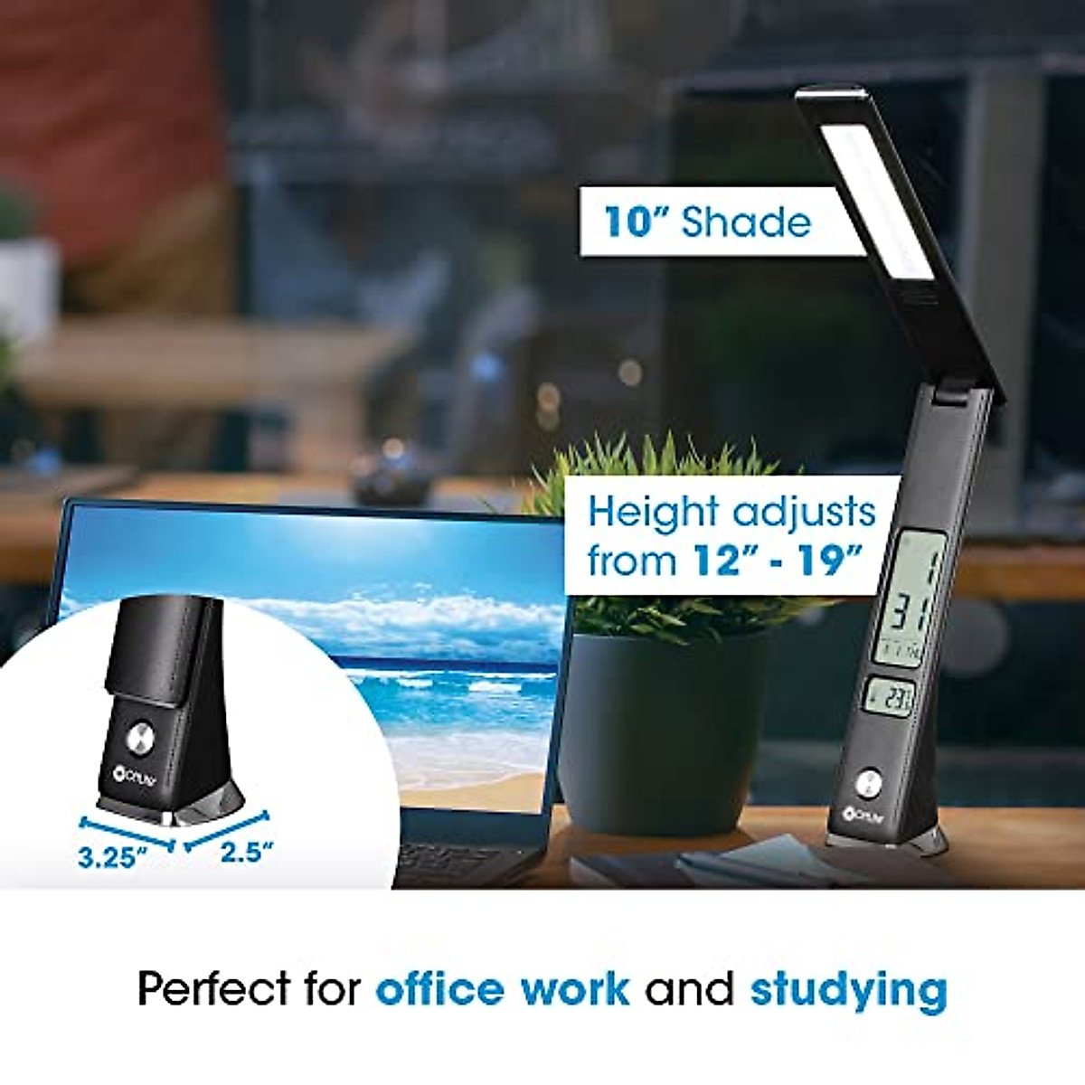 LED Task Adjustable Lamp with Digital Display, Prevention by OttLite - Designed to Reduce Eyestrain - Adjustable Neck, 3 Color Modes & USB Charging - Crafting, Office Work, Reading & Studying
