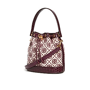 Tory Burch Women's T Monogram Chenille Bucket Bag, Claret/New Cream, Red, Graphic, One Size