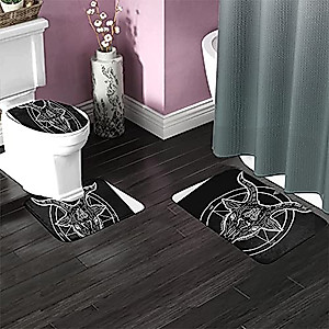 WONDERTIFY Pentagram Demon Bathroom Antiskid Pad Baphomet Satanic Goat Head Symbol Tattoo 3 Pieces Bathroom Rugs Set, Bath Mat+Contour+Toilet Lid Cover White Black