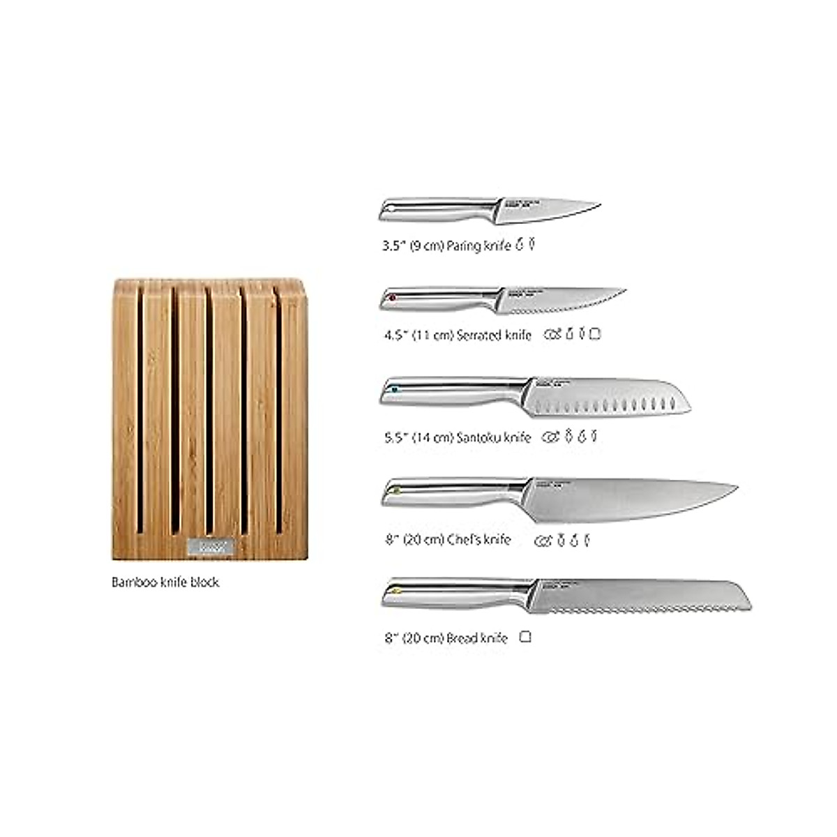 Joseph Joseph Elevate Kitchen Knives 5-Piece Set, Japanese Stainless Steel, Slimline Bamboo Knife Block