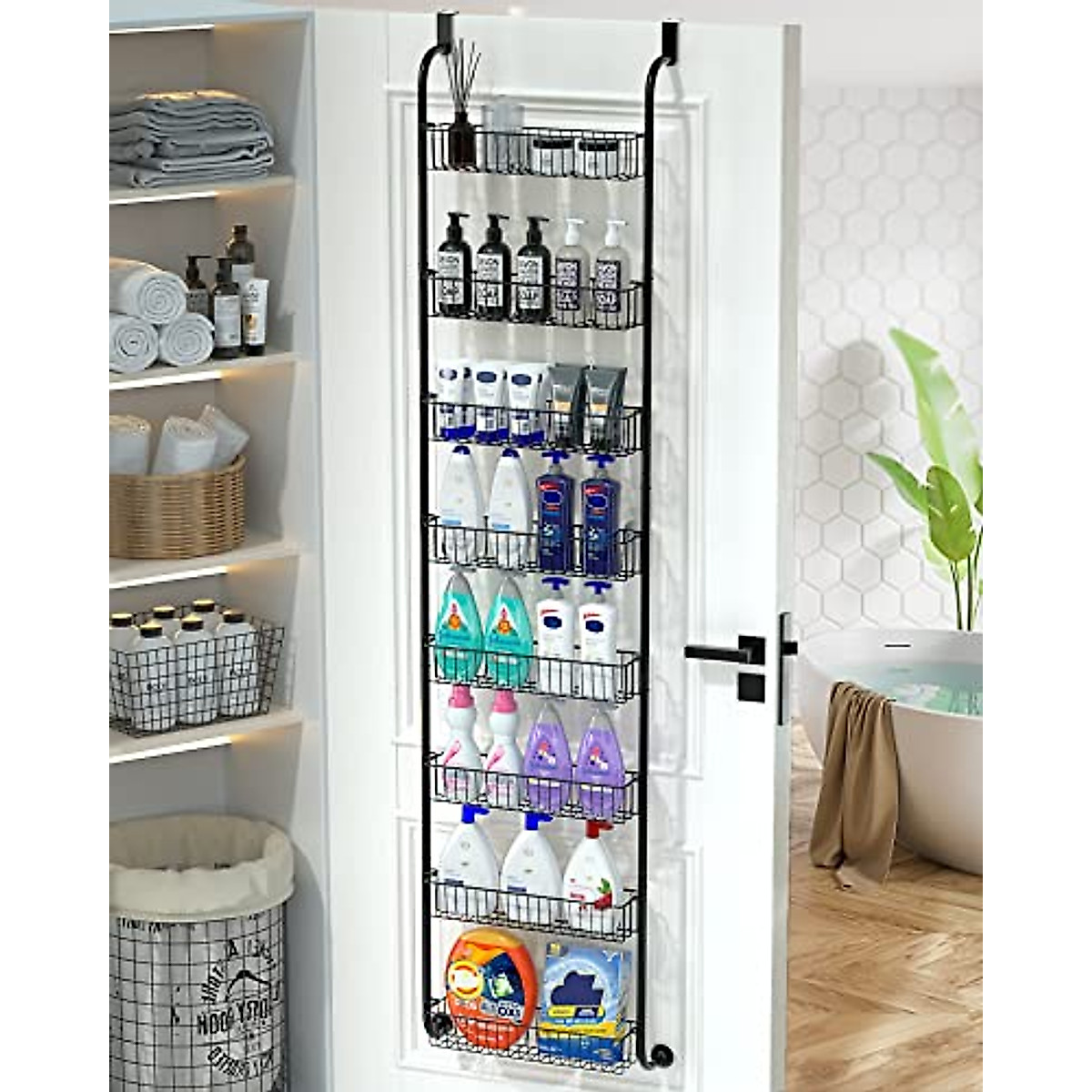 TIMEBAL 8 Tier Over the Door Pantry Organizer, Over the Door Organizer and Storage Rack with 8 Full Baskets, Metal Hanging & Wall Mounted Kitchen Storage Spice Rack, Bathroom Over Door Organizer-Black