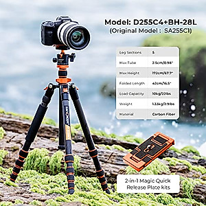K&F Concept 68" Carbon Fiber Camera Tripod,Compact Tripods with Metal Ball Head,Quick Release Plate,Detachable Monopod 10KG Load for DSLR Cellphone Tripods(SA255C1) D255C4+BH-28L