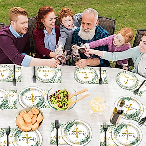 Naozinebi 200Pcs God Bless Baptism Plates Napkins First Holy Communion Party Tableware Set Christening Ceremony Dinnerware Confirmation Paper Plates for Mi Bautizo Baby Shower Decor Supplies Serve 50