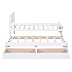 CITYLIGHT Twin Bed with Trundle and Storage, Wood Twin Size Platform Bed Frame with Trundle and Drawers, Space-Saving Twin Size Bed for Kids, Boys, Girls (Twin,White)