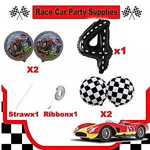 Monster Truck 4th Birthday Party Supplies | Monster Truck Balloon | Giant 40 inch Race Car Number 4 Balloon Monster Truck Balloons Black White Flags Balloons for 4th Birthday Party Decorations