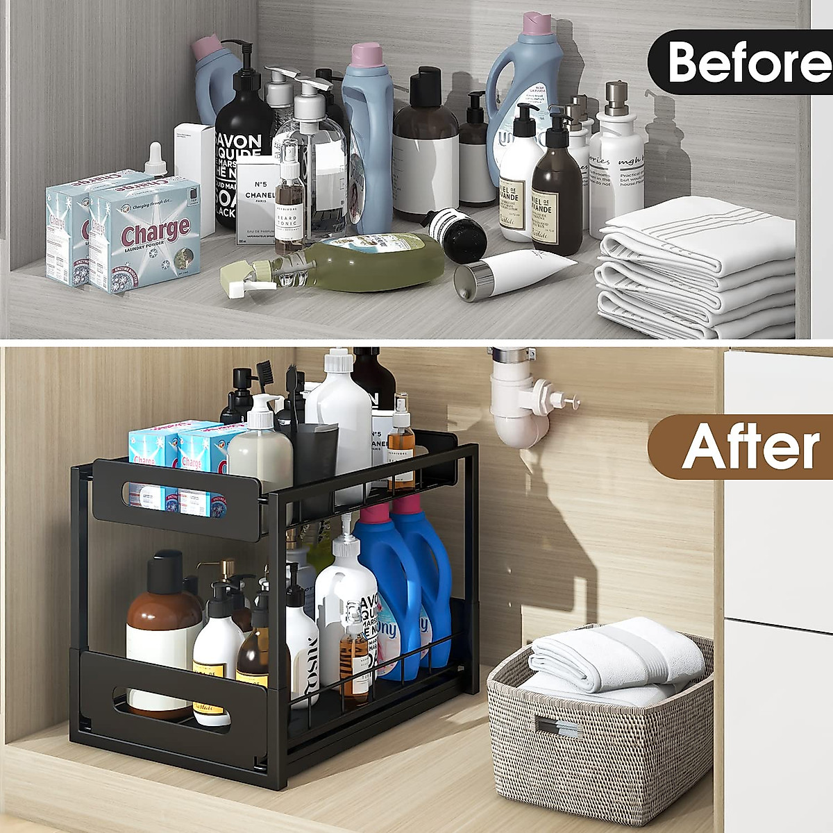 SHCAPENM Under Sink Organizers and Storage, 2 Tiers Bathroom Under Sink Organizers with Sliding Drawer Under Cabinet Basket Organizer Black for Bathroom Kitchen Countertop