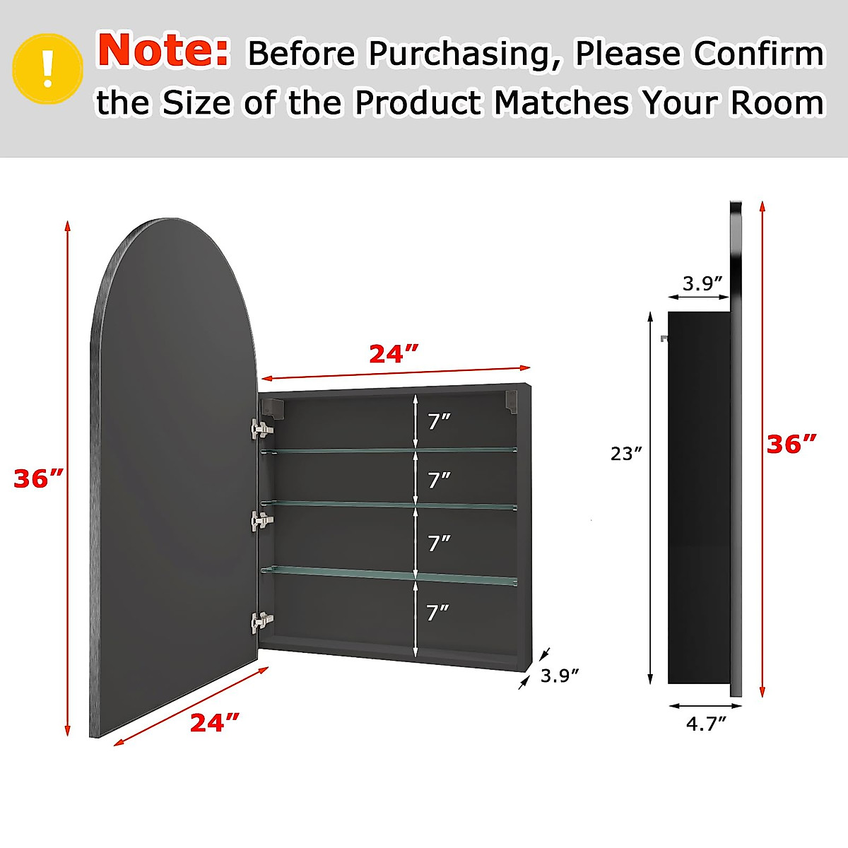 FKWin Arched Medicine Cabinets with Mirror, Bathroom Mirror with Storage, Aluminum Alloy Bathroom Cabinet, 3 Adjustable Shelves Vanity Mirror, Medicine Cabinet Mirror, Not Recessed, 24x36 inch, Black