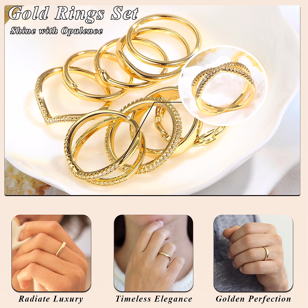 10 PCS Dainty 14K Gold Rings for Women, Open Twist Simulated Diamond Criss Cross Designs, Perfect for Stacking Layering on Thumb and Knuckle Engagement Rings in Sizes 8