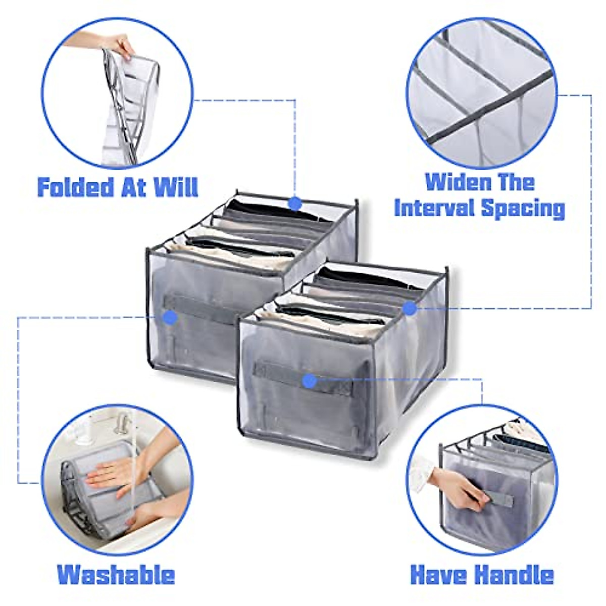 2PCS Washable Wardrobe Clothes Organizer, 7 Grids Foldable Visible Clothes Compartment Storage Box Closet Drawer Organizer Mesh Separation Box for T-shirt, Skirts, Legging, Jeans, Kid Clothes (Gray)