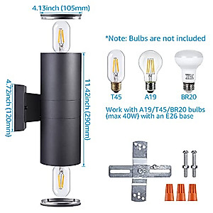 LEONLITE Modern Outdoor Cylinder Wall Lights, Porch Light in 2 Lights, Up Down Lights Outdoor, Matte Black Waterproof Wall Sconce, Aluminum, E26 Base, Exterior Light Fixture Wall Mount, ETL, Pack of 2