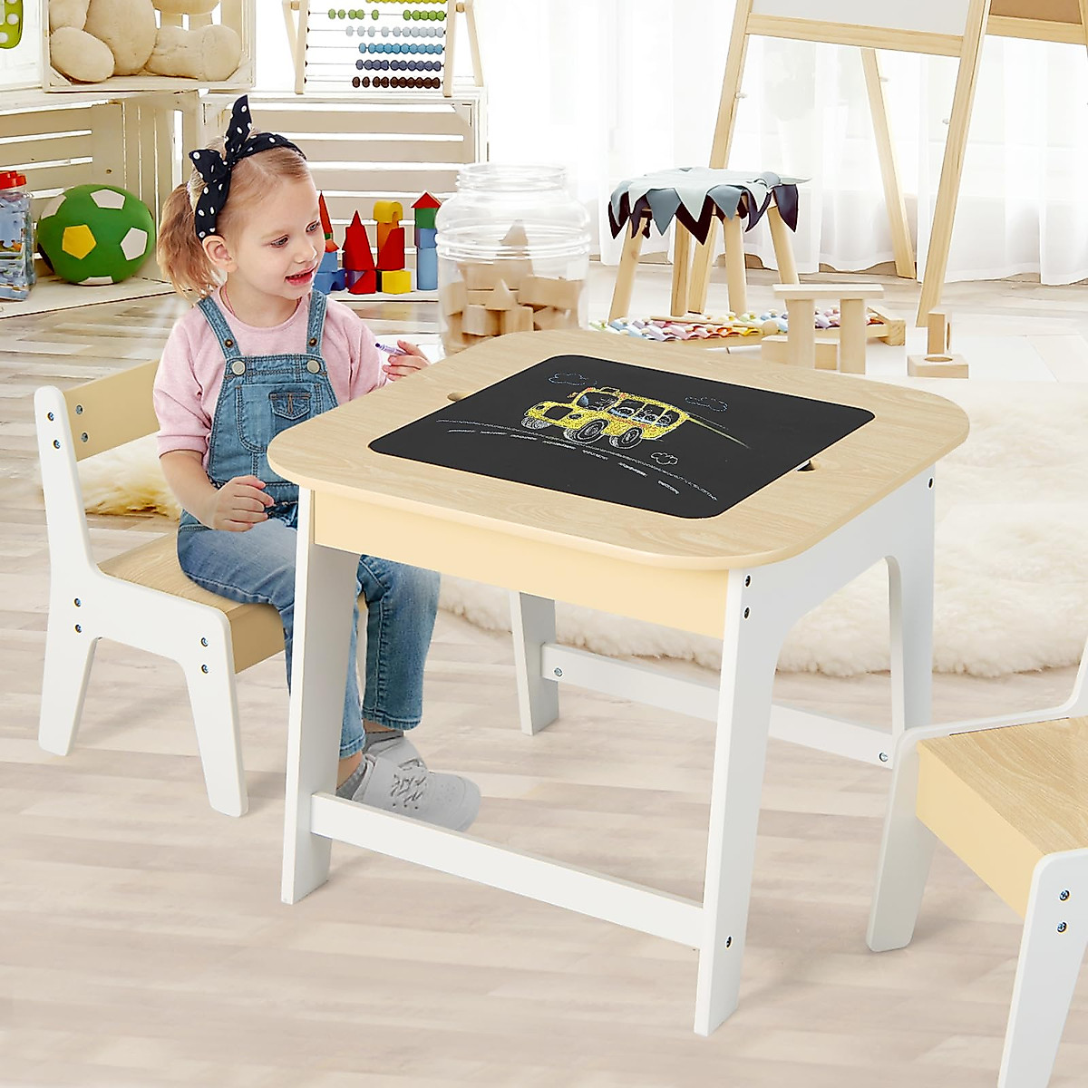 HONEY JOY Kids Table and Chair Set, 3-in-1 Children Wooden Activity Table and 2 Chairs for Art Craft, Reversible Blackboard, 3 PCS Toddler Furniture with Storage, Gift for Boys Girls (Natural)