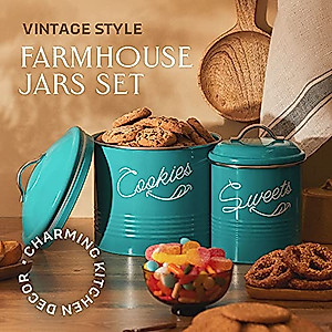 Candy Jar & Cookie Jar for Kitchen counter | Farmhouse Kitchen Jars for Storage of Your Favorite Treats | Large & Medium Canisters Set of Two Cookie & Candy Jars with Lids | Airtight Jar by Nirgals (Teal)