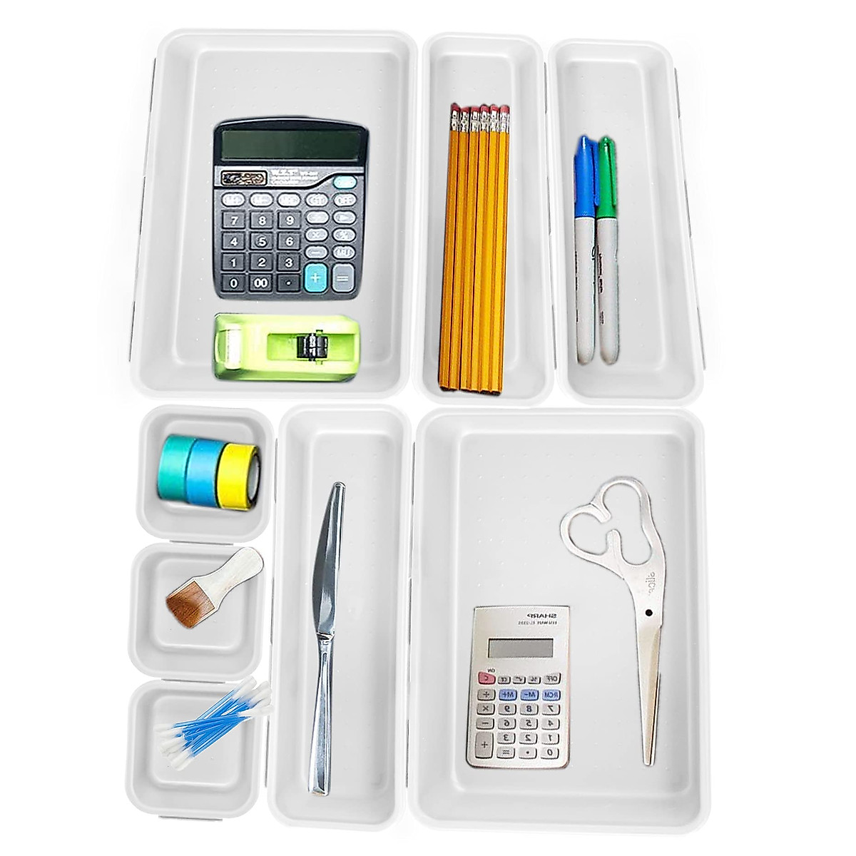 HOME-X Connecting Organizer Trays, Set of Interlocking Adjustable Trays for Organizing Office Supplies and Kitchen Utensil Drawers, Set of 8, 3 Sizes, White