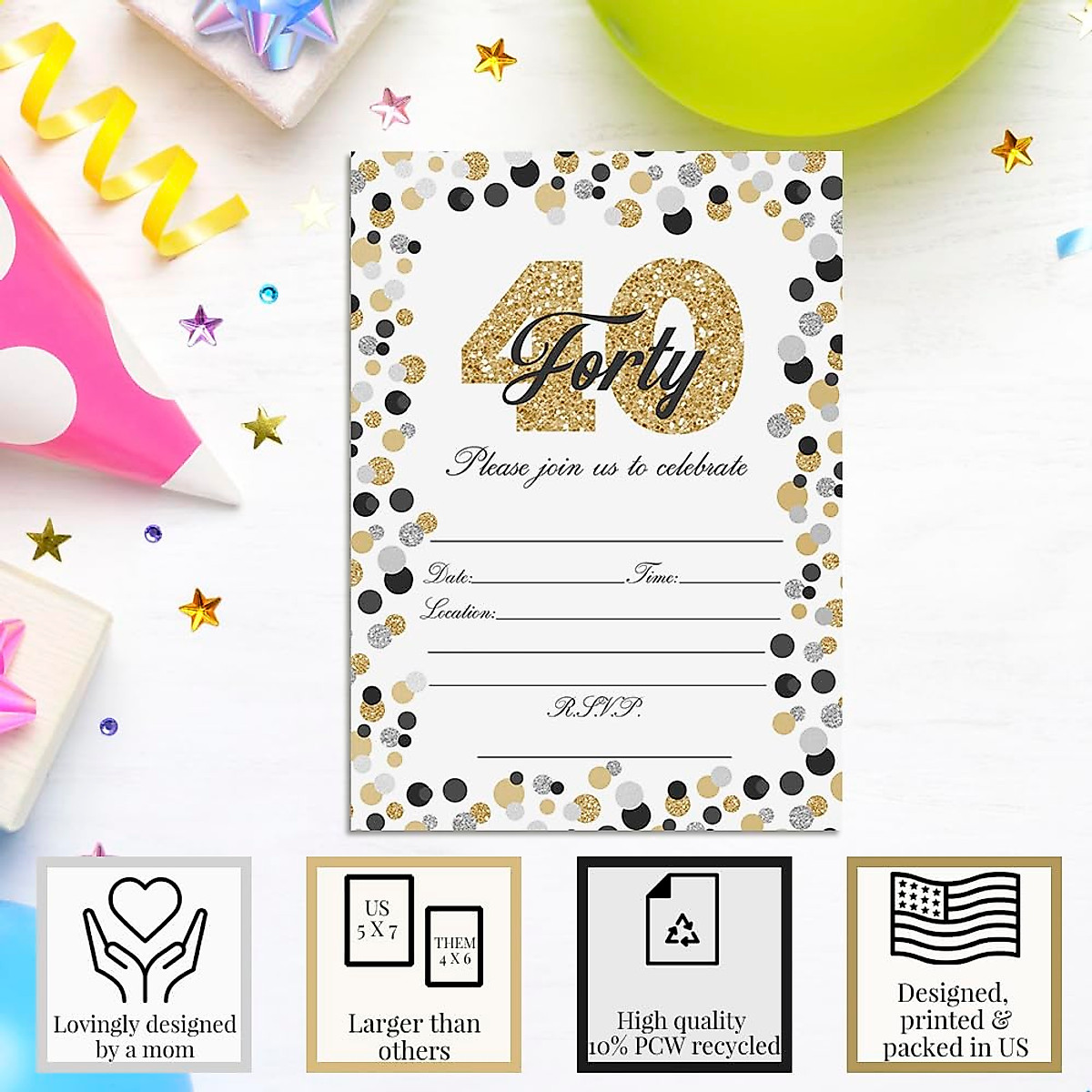 Confetti Polka Dot 40th Birthday Party Invitations, 20 5x7 Fill In Cards with Twenty White Envelopes by AmandaCreation