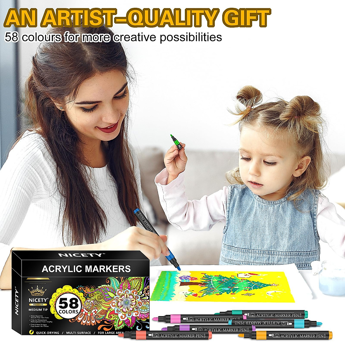 NICETY 58 Colors Acrylic Paint Pens Paint Markers, 3mm Medium Tip Point Acrylic Paint Pens for Rock Painting, Canvas, Wood, Ceramic, Glass, Stone, Fabric, DIY Crafts & Art Supplies