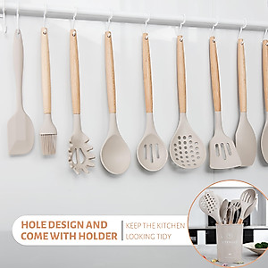 Hvygss 26Pcs Kitchen Utensils Set with Holder, Large Silicone Cooking Utensils Set for Nonstick Cookware Wooden Handle Spatulas Silicone Heat Resistant Kitchen Gadgets Utensil Sets (Khaki)