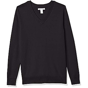 Amazon Essentials Women's 100% Cotton Long-Sleeve V-Neck Sweater, Black, Large