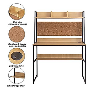 Spirich-Home Office Desk with Storage Shelf,Study Desk with Hutch for Small Spaces,Office Desk with Cork Bulletin Board,Wood,Walnut
