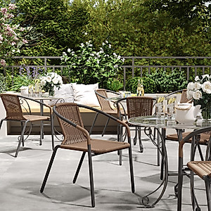 UDPATIO Rattan Patio Dining Chairs Set of 4, Wicker Stackable Outdoor Chairs with All Weather Curved Back & Metal Frame, for Indoor Restaurant Porch Deck, Brown