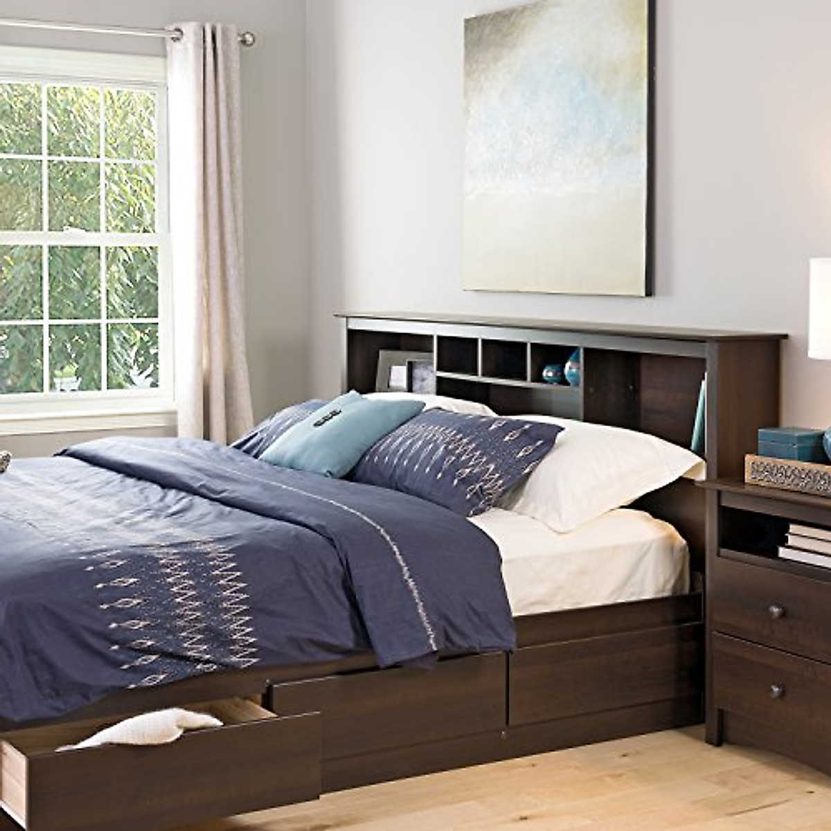 Prepac Select King 4 Post Platform Bed with 4 Drawers, 83" L x 79" W x 16" H, Espresso & King Bookcase Headboard, Espresso
