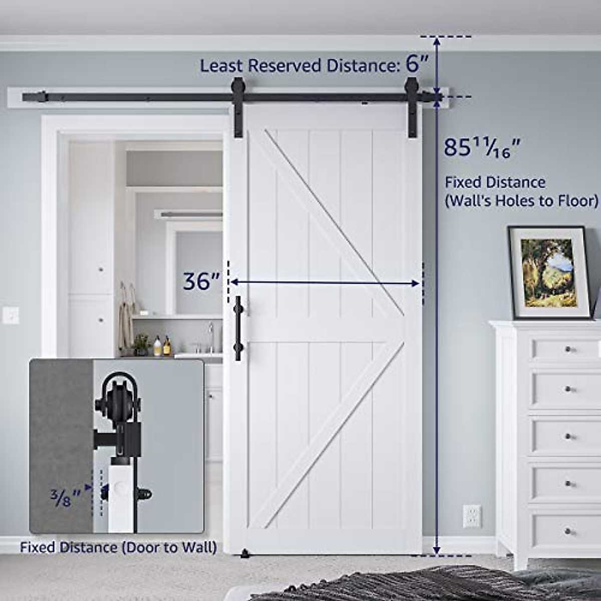 COSHOMER 36in x 84in MDF Sliding Barn Door with 6.6ft Barn Door Hardware Kit & Handle, Pre-Drilled Holes Easy Assembly -Solid Barn Door Slab Covered with Water-Proof PVC Surface, White, K-Frame