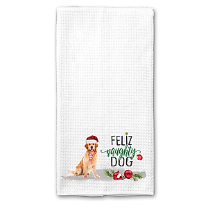 Studio 9Thirty3 Personalized Golden Retriever Feliz Naughty Dog Christmas Waffle Weave Kitchen Towel, 16"x24" (White Towel, No Name)