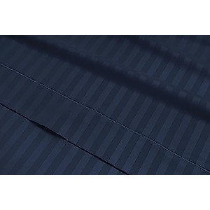 100% Egyption Cotton Queen Size Solid Sheet Set & Striped Sheets Set of 2 Combo- 800 Thread Count Sateen Weave Queen Size Solid Sheets & Striped Sheets, Deep Pocket Cotton Bedsheets - Dark Denim