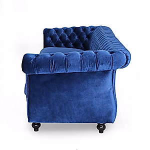 GDFStudio Chesterfield Tufted Jewel Toned Velvet Sofa with Scroll Arms, Navy Blue
