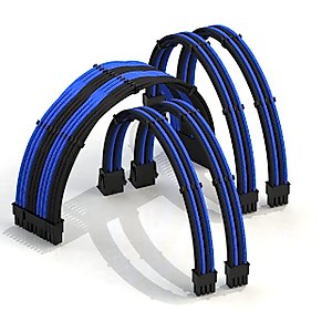 LINKUP - 30cm Super Soft and Flexible PSU Cable Extension Sleeved Custom Mod GPU PC Braided w/Comb Kit┃1 x 24 P (20+4)┃2 x 8 P (4+4) CPU┃2 x 8 P (6+2) GPU Set┃300mm - BlackBlue