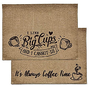 2 Pieces Waterproof Coffee Bar Mat -Big Cups/ Coffee Time, Burlap Coffee Maker Mat/Pad- Waterproof Coffee Station, Funny Coffee Lovers Gifts, Home Decor Parties Daily Use.