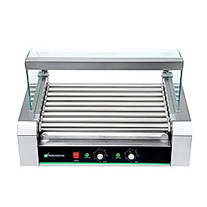 Restaurantware Hi Tek Hot Dog Spinner 1 Curved Glass Sneeze Guard Hot Dog Cooker - Dual Temperature Controls Removable Drip Tray Stainless Steel Hot Dog Roller No-Slip Feet Fits 24 Hot Dogs