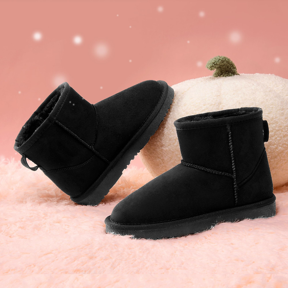 DREAM PAIRS Girls Boys Boots Kids Winter Ankle Faux Fur Lined Snow Shoes FuzzyClassic Kid's Low Boot for Toddler/Little Kid/Big Kid,Size 10 Toddler,All Black,KSB214-1