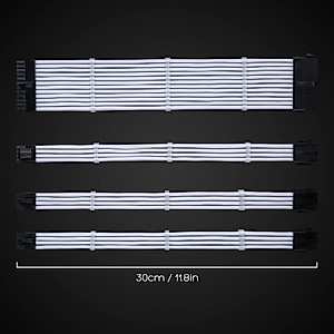 TECWARE Flex Power Supply Sleeved Cable, 16 AWG PSU Extension Cable Kit of White Connector, 1x24Pin/1x4+4 EPS/2x6+2 PCI-E, 30cm Length with Combs (Black/Gray)
