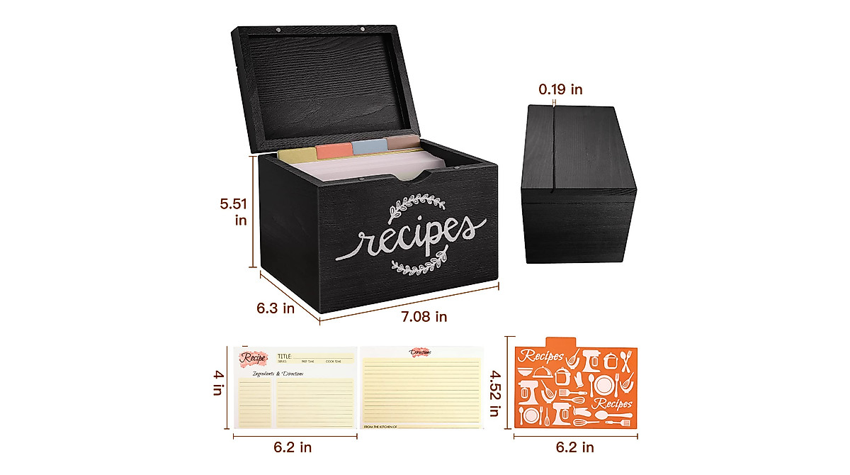 Wooden Recipe Card Box Set - Rustic Kitchen Organizer with Cards