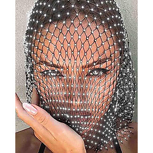 Jeweky Rhinstone Mesh Head Cover Black Rave Festival Headwear Body Accessories for Women